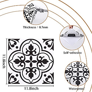 Peel and Stick Floor Tile 11.8In by 11.8In Black and White Flower Floor Tiles Self-Adhesive Removable for Bathroom/Kitchen 10 PCS