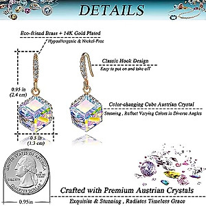Austrian Crystal Cube Drop Dangle Earrings for Women 14K Gold Plated Hypoallergenic Jewelry (Aurora Borealis)