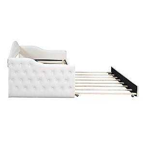 Ball & Cast Twin Daybed with Trundle, Velvet Upholstered Day Bed Frame with USB Ports, Button Tufted Backrest & Armrest, Wood Slats Supports,No Box Spring Needed, Beige