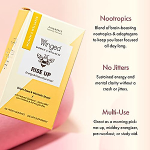 Winged Rise Up Gummies | Energy & Brain Boost Supplement | Natural Caffeine, Ashwagandha & B12 for Energy | Nootropics Alpha-GPC, Lion’s Mane & Huperzine A for Focus | Pineapple Flavor (30 Servings)
