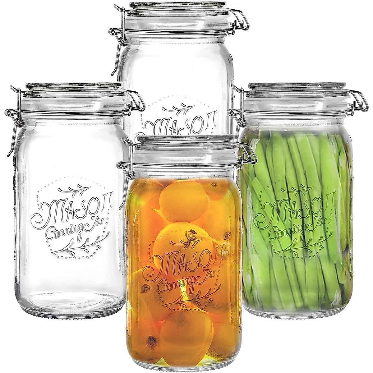 Tebery 4 Pack Clear Wide Mouth Glass Mason Jars with Airtight Clamp Lids, 32Oz Glass Storage Containers Large Kitchen Canisters for Food, Flour, Pasta, Coffee, Candy, Dog Treats, Snacks & More