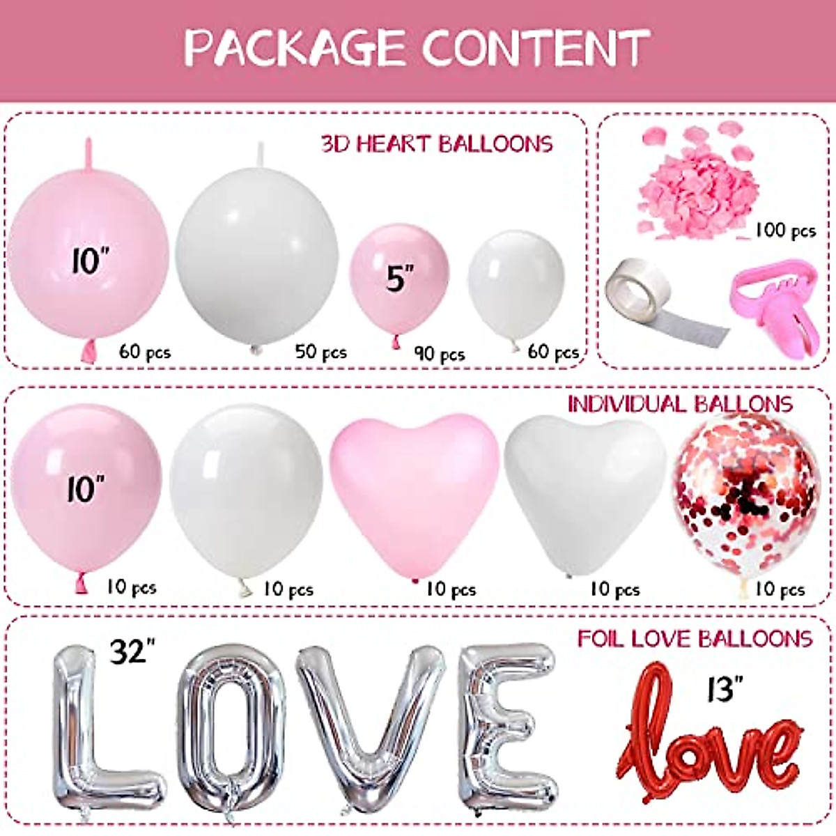 Valentines Day Balloons, CAKKA 315PCS Pink Heart Balloons with Rose Petals, Love Foil Balloon, I Love You Tail Balloon for Valentine’s Day Mother Day Anniversary Proposal Party Favor Decoration Decor