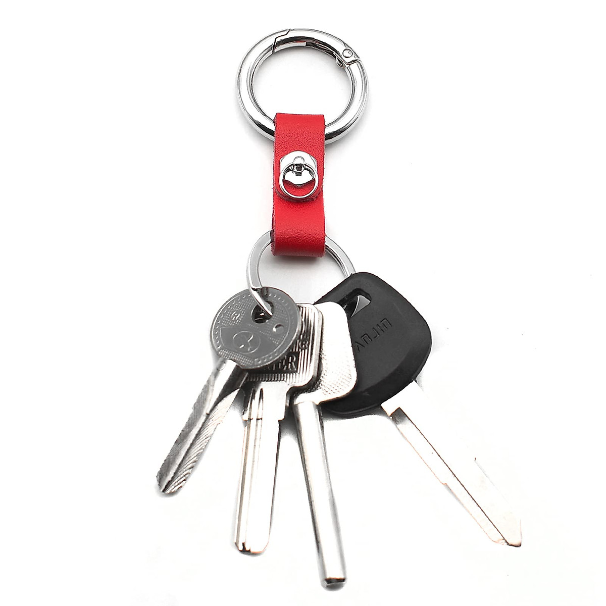 INFIPAR Circle Carabiner Keychain Clip Quick-Release Spring Ring & Anti-lost Ring Attach Leather Key Chain, No Screwdriver Required, 1 Pack, Red - Newest Version