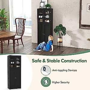 Giantex 63.5" Pantry Organizers and Storage, Freestanding Tall Storage Cabinet for Kitchen Bathroom Living Room Office, Wooden Utility Cupboard with Glass Doors & Shelves, 12.5"x24"x63.5" (Black)