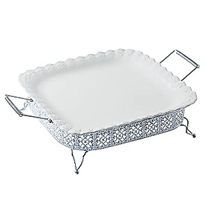 KASSEL Elegant Ceramic Serving Platter with Stand | Square Serving Trays for Entertaining Parties, Catering, and Buffet | Oven Safe Serving Tray and Dessert Display Decor Stand (Large)