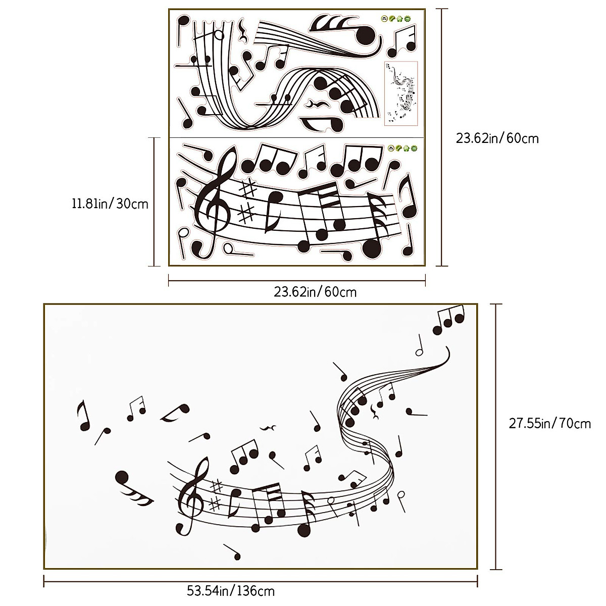 Music Notes Notation Band Wall Sticker Decal, Removable DIY Vinyl Art Mural Wallpaper Home Decor for Kids Bedroom Music & Dance Room Decorations(53×27inch / Black)