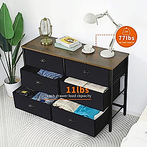 DOVAMY 6 Drawer Dresser for Bedroom, Fabric Dresser Organizer, Wide Dresser with Vintage Wooden Top, Steel Frame, Chest of Drawers, Closet, Nursery and Living Room, Black