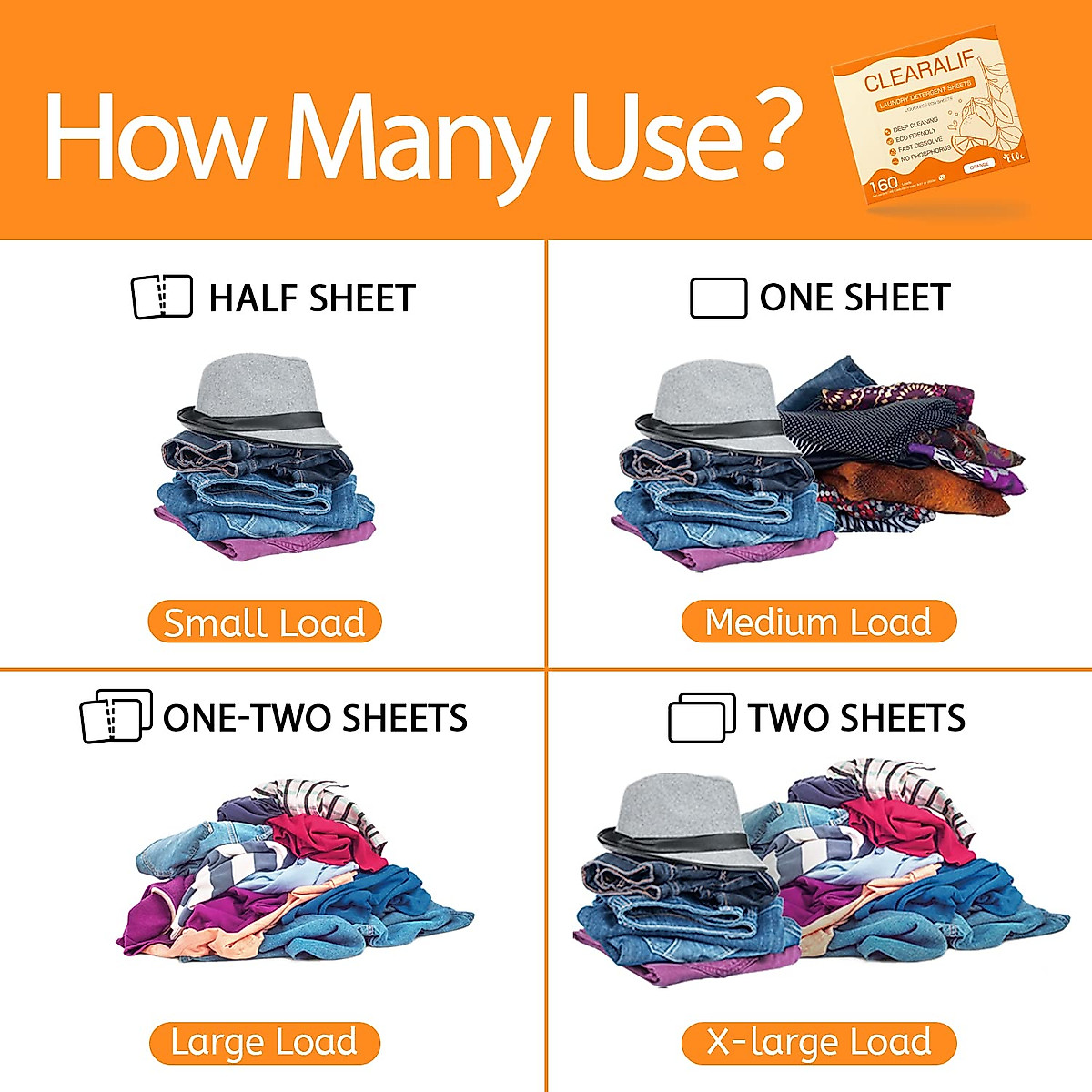 CLEARALIF Laundry Detergent Sheets Up to 160 Loads, Orange - Great For Travel, Apartments, Dorms,CLEARALIF Laundry Detergent Strips Eco Friendly & Hypoallergenic