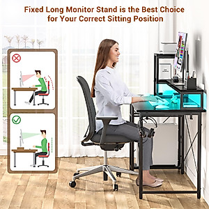 armocity 2024 Upgrade Gaming Desk with LED Lights, Small Computer Desk with Long Monitor Stand, 40'' Reversible Laptop Table with Storage Shelves, Small Desk for Small Spaces, Gaming Room, Black