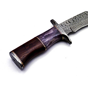 Nooraki BK-42 Handmade Damascus Steel Fixed Blade Bowie Knife with Leather Sheath, Full Tang Multipurpose Knife with Solid Marindi Wood and Bull Horn Bone Handle for Outdoor Use, 15", B/White
