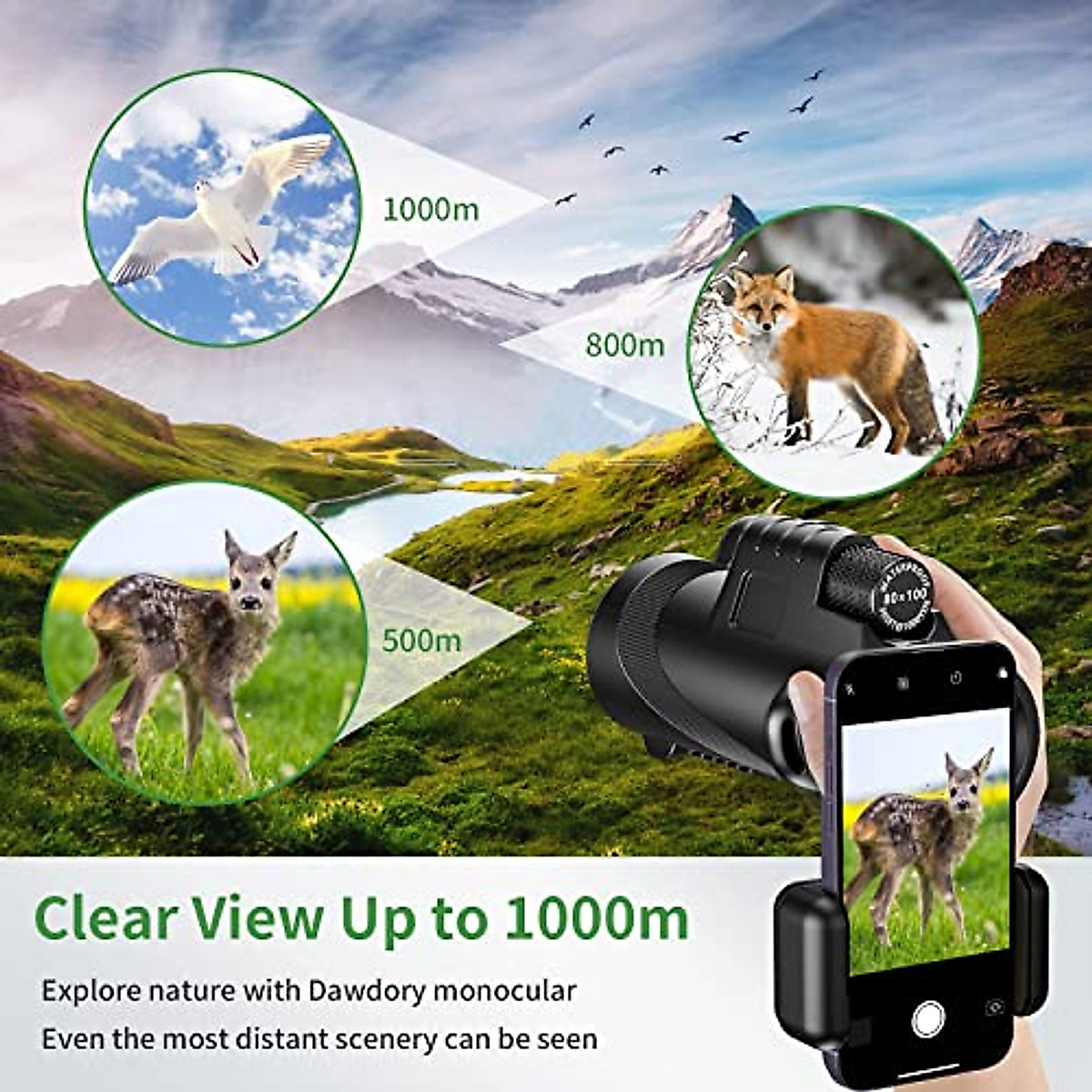 80x100 HD Monocular Telescope, Dawdory High Power Monocular for Adults with Smartphone Adapter & Tripod, Night Vision Monocular for Hunting Star Watching Bird Watching Wildlife Camping Hiking (Black)