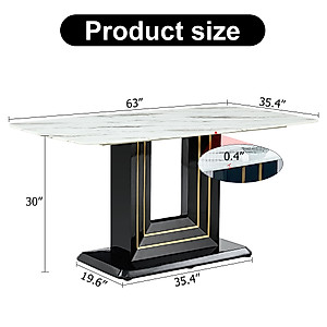 Maotifeys Luxury Faux Marble Dining Table for 6 Rectangular Kitchen Table with Black Gold Pedestal Base Elegant White Marble Dinner Table for 4-6 People in Kitchen Dining Room Office