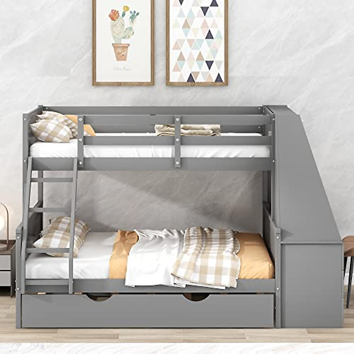 Twin Over Full Bunk Bed with Desk and Trundle, Wooden Bunk Beds Twin over Full Size with Storage Drawers and Shelf ,Storage Bunk Beds with Ladder & Guardrails for Kids Girls Boys ,Grey