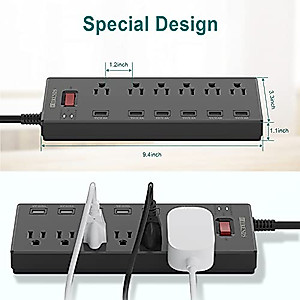 Power Strip, HITRENDS Surge Protector with 6 AC Outlets & 6 USB Charging Ports, 6 Feet Heavy Duty Extension Cord, 1625W/13A Multiplug for Home Office & Multiple USB Devices - Black