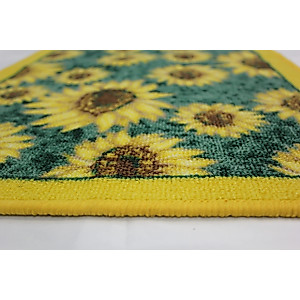 Kashi Home Kitchen Rug, Printed Area Rug, Durable Floor, Door Mat, Farmhouse Non-Slip Carpet Latex Backing Beautiful Design Sunflower 3pc Set (2 18x30 D Shape & 1 20x40)