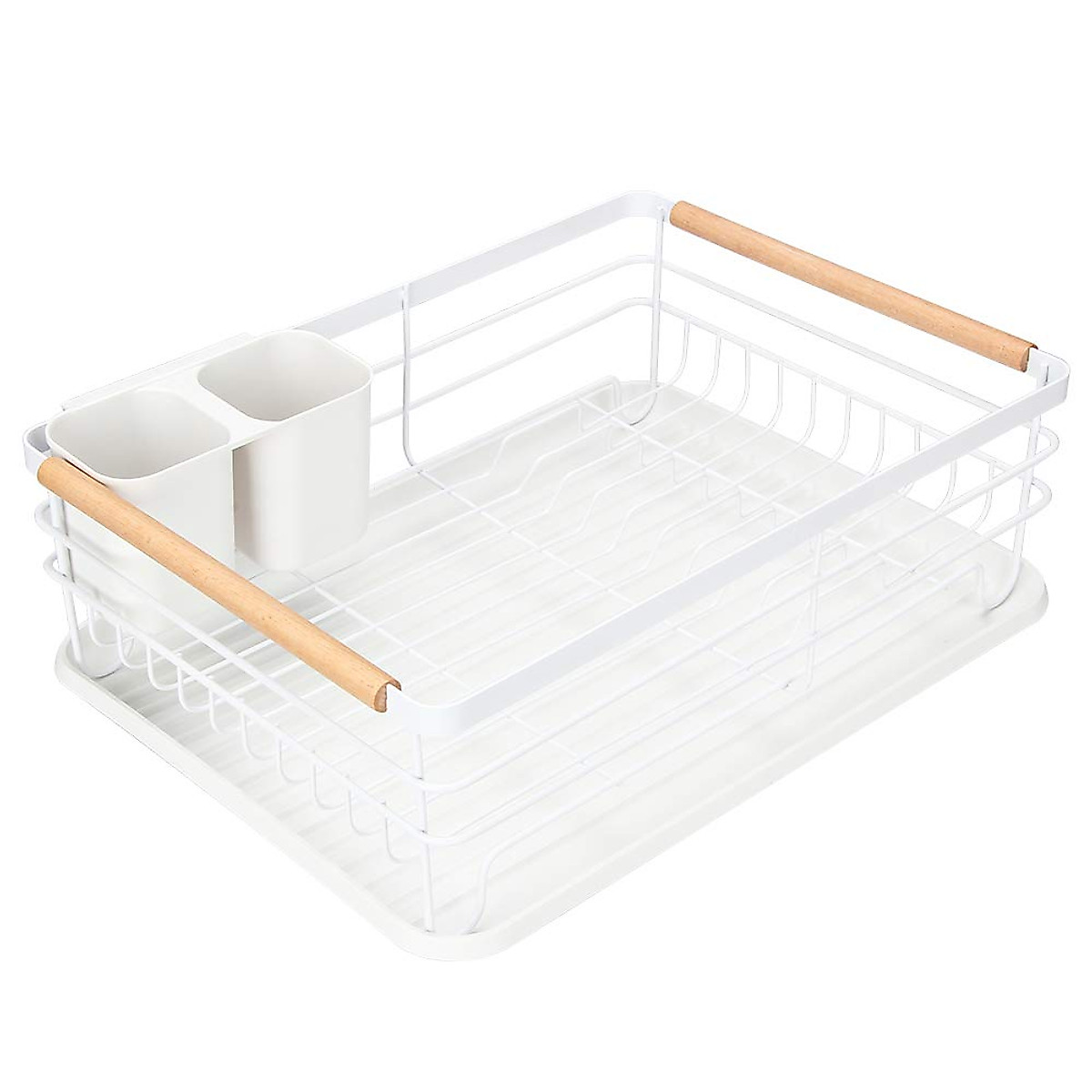Modern Wood Handle Dish Rack and Drain Board, Attom Tech Home 16.5" x 12" x 5.5" Kitchen Plate Cup Dish Drying Rack Tray Cutlery Dish Drainer