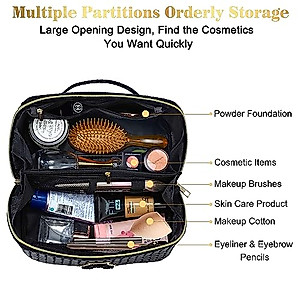 YOOLIFE Initial Travel Makeup Bag - Make Up Bag PU Leather Cosmetic Bag Travel Toiletry Bag for Women Cute Makeup Bag Black Make Up Bags for Women Large Makeup Bag Unique Birthday Gifts Black N