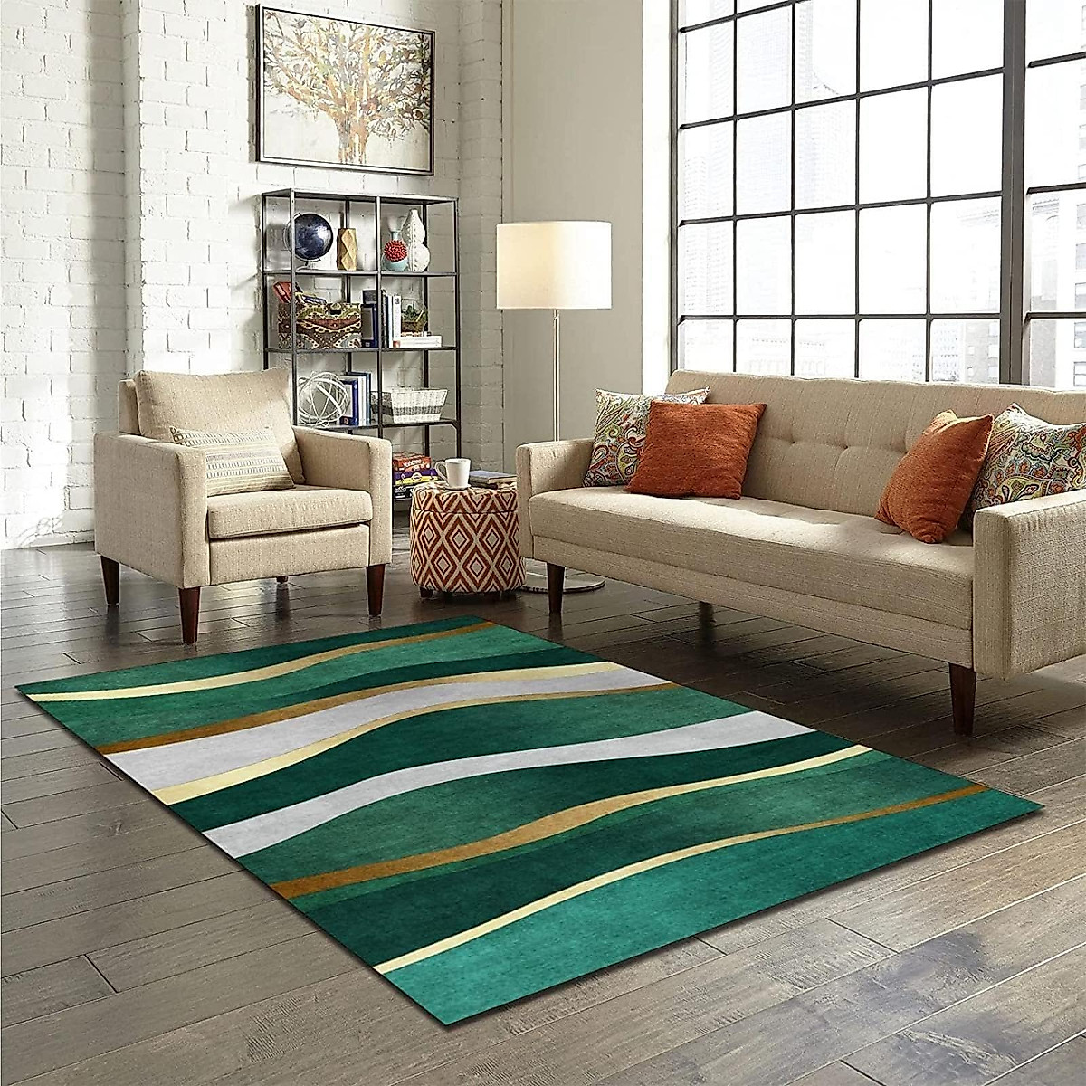 Nordic Luxury Emerald Green Gold Gray Line Living Room Rug, Modern Minimalism Stripes Bedroom Rug, Non Slip Foldable Machine Washable Non-Slip Throw Rugs for Dining Room Bedroom Floor 6.6ftx5.3ft