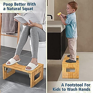 Bamboo Toilet Stool Squat 7in & 9in Adjustable Heights, Foldable Poop Stool for Bathroom Adults Kids, Potty Stool with Non-Slip Layer to Improve Bathroom Posture and Comfort, 400 lbs Capacity
