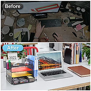 Mesh Desk Organizer, 4-Tier Desk File Organizer with Drawer and 2 Pen Holders, Multifunction Paper Tray Organizer, Desk Organizers and Accessories for Home Office Supplies, Black