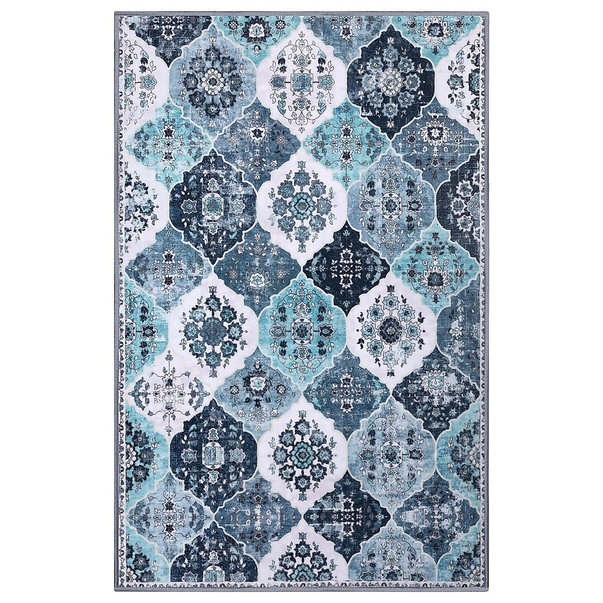 FLYRUGGO Area Rugs, 5x7 Washable Boho Throw Rug Indoor, Moroccan Trellis Bohemian Ultra Soft Large Non-Slip Carpet for Living Room Dining Room Office Bedroom (001-Blue White/Multi, 5x7)