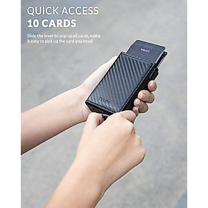 VULKIT Pop Up Wallet Automatic Leather Slim Credit Card Holder RFID Blocking Metal Double Card Case for Men and Women Carbon Fiber Black