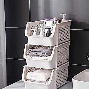 YOUEON Set of 4 Stackable Storage Bins Open Front, Storage Containers for Food Snacks Toys Toiletries, Plastic Organizer Bins Multiuse for Kitchen, Playroom, Classroom, Pantry, Bathroom