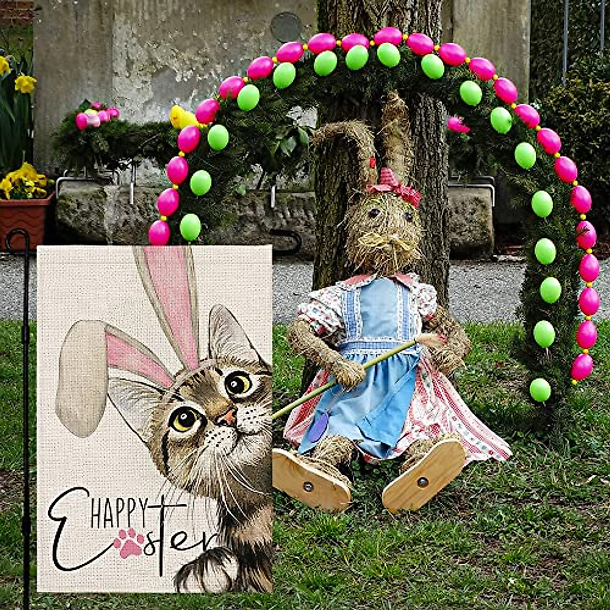 CROWNED BEAUTY Happy Easter Garden Flag 12×18 Inch Double Sided Cat with Rabbit Ear Outside Vertical Holiday Yard Flag