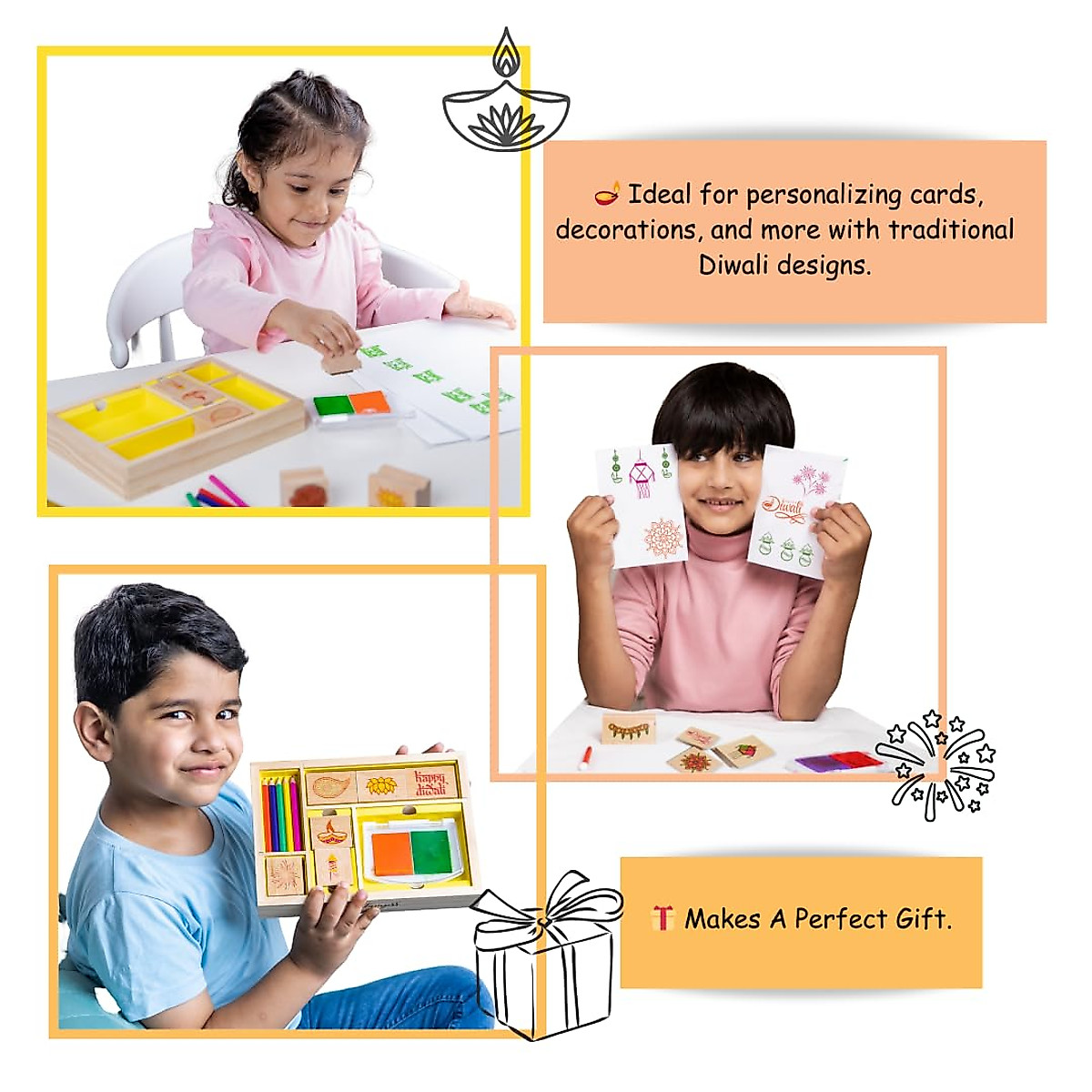 Diwali Wooden Stamp Set – Ideal Gift for Diwali, Arts & Crafts Enthusiasts, and Celebrations - Perfect for Rangoli, DIY Crafts, Card Making & Festive Decorations