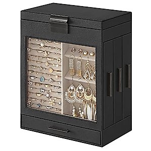 SONGMICS Jewelry Box with Glass Window, 5-Layer Jewelry Organizer with 3 Side Drawers, Jewelry Storage, with Vertical Storage Space, Big Mirror, Modern Style, Graphite Black and Silver UJBC162B01