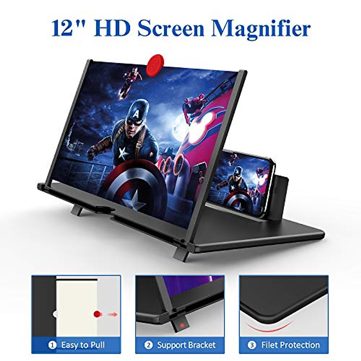 12" Screen Magnifier – 3D HD Cell Phone Magnifing Screen Enlarger Projector for Movies Videos and Gaming – Foldable Phone Stand Holder with Screen Amplifier Compatible with All Smartphones