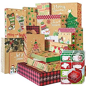 12 Kraft Christmas Gift Boxes with Lids for wrapping Large Clothes and 80 Count Foil Christmas Tag Stickers (Assorted size for wrapping Robes ,Sweater, Coat Shirts and Clothes xmas Holiday Present)