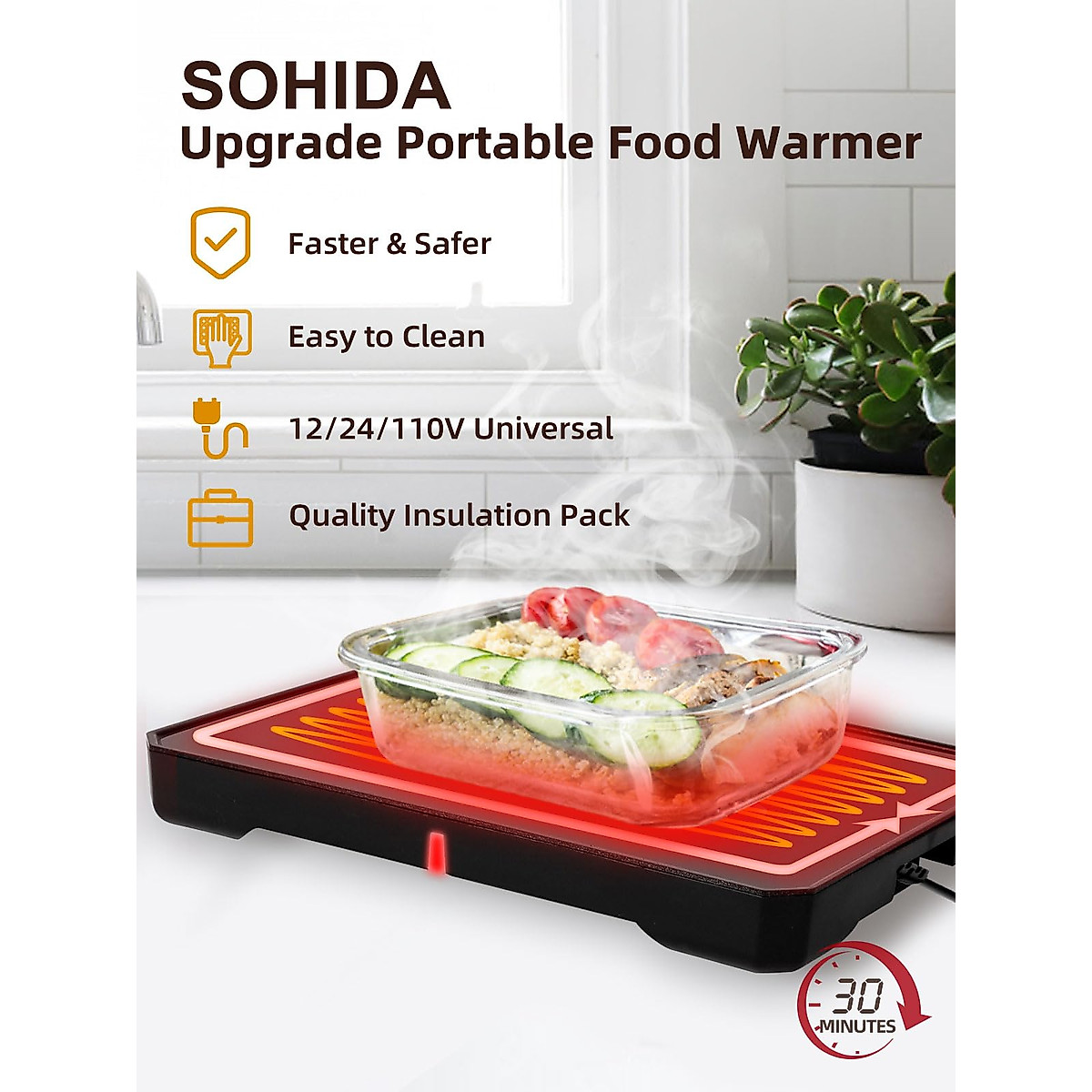 SOHIDA Portable Heated Lunch Box, 12V/24V/110V Conduction Heating Portable Food Warmer for Adults, Mini Portable Microwave 9.06"x6.61"x0.98" with Carry Bag, Easy to Use Car Food Warmer