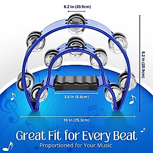 Flexzion Tambourine Metal Half Moon Musical Instruments Double Row Metal Jingles Hand Held Instruments Percussion with Ergonomic Handle Grip, Tambourines for Adults, 2 Packs - Blue