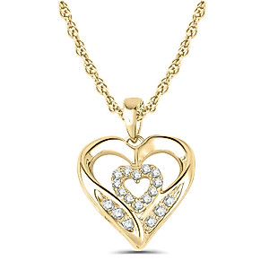 Cali Trove, 1/10cttw Diamond Double Heart Pendant Necklace for Women in 10K Yellow Gold, Women's Yellow Gold Double Heart Necklace with Diamond Accents, 18" Rope Chain
