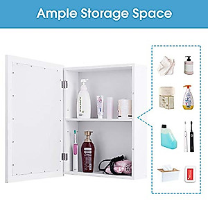 Casart Mirror Medicine Cabinet W/Single Door and Inner Adjustable Shelf in 3 Heights Storage Organizer for Bathroom, Vestibule, Bedroom Wall Mount Bathroom Cabinet,White