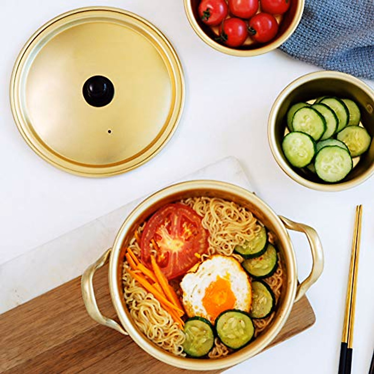 Ramen Pot, Aluminum Alloy Korean Ramen Cooking Pot With Lid Handmade Rustproof Double Handle Design Pot for Kitchen(16cm)