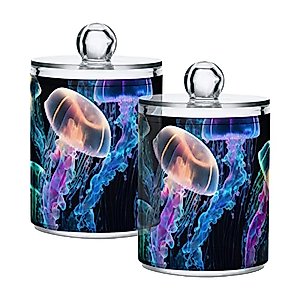Vnurnrn Plastic Jars with Lid (Glowing Sea Jellyfish), Bathroom Vanity Canisters Storage Organizer for Cotton Balls, Swabs, Pads,Bath Salts, 4 Pack