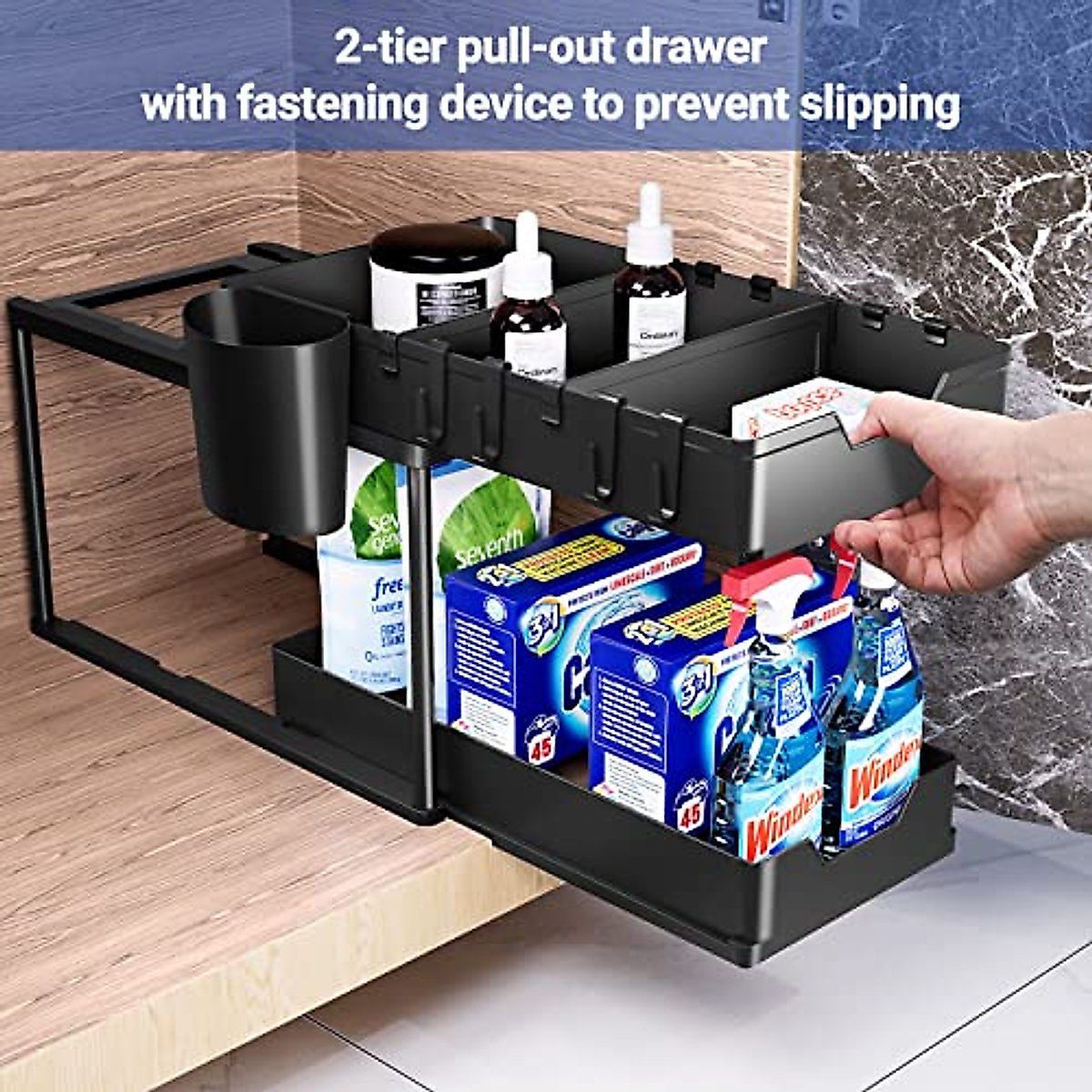 Puricon 2 Pack Clear Lazy Susan Turntable Organizer Bundle with 2 Pack Under Sink Organizers and Storage 2-Tier Double Sliding Pull-Out Drawer