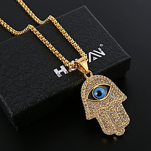 HZMAN 18k Gold Plated Iced Out CZ Stainless Steel Blue Evil Eye Beads Fatima Hamsa Hand Pendant Necklace (Gold)