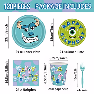 AURORAPARTY 120pcs Monster Birthday Party Supplies Inc Paper Plates Napkins Cups Forks Girl Boy Little Monster Birthday Party Table Decorations Disposable Cake Tableware Set for 24 Guests