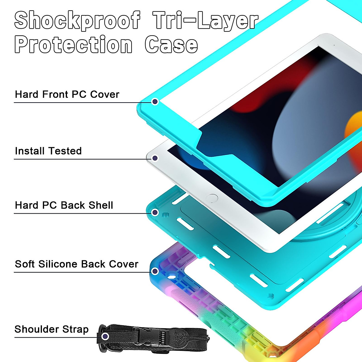 LTROP Case for iPad 9th/ 8th/ 7th Generation (2021/2020/2019), Shockproof 10.2” iPad Cover with Shoulder Strap Pen Holder Swivel Stand, Aqua Teal