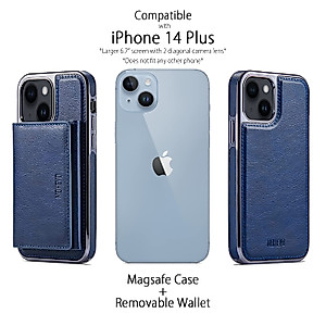 MOHEYO Designed for iPhone 14 Plus Case Removable Wallet Card Holder Magnetic Compatible with MagSafe Slim Thin Vegan Leather Cover (Blue)