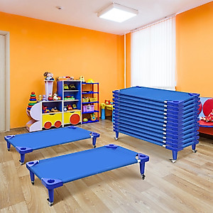 Barydat 6 Pack Stackable Daycare Cot for Kid 47" L x 22" W Portable Toddler Nap Cots with Wheels Space Saving Blue Stackable Kids Cots for Sleeping Daycare Bed Preschool Classroom Furniture