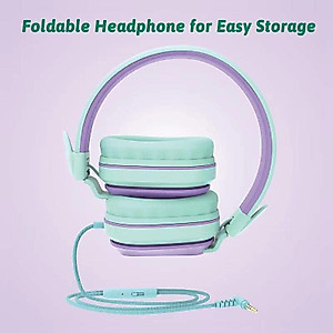 Riwbox Kids Headphones Wired,CS6 Stereo Sound Foldable Headphones for Kids Over Ear Toddler Headphones with Mic and Volume Control Compatible for Smartphones, PC and Tablets (Purple&Green)
