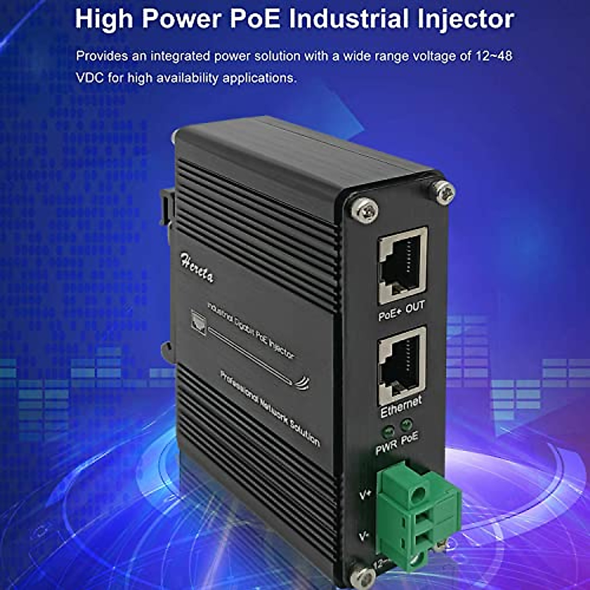 Hardened Industrial Gigabit PoE+ Injector 12-48VDC Input with DIN-Rail and Wall Mount Connecting The IEEE 802.3 af/at PoE Device (30W)