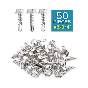 #8 x 3/4" Stainless Hex Washer Head Self Drilling Screws (50pcs), Stainless Steel 410 Fully Threaded Sheet Metal Flanged Hex Screw | by IMSCREWS