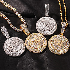 Personalized Rotatable Disc Name Plate Pendant Necklace, Iced Out Jewelry Cz Diamond 14k Gold Silver Copper Customized Letter Charm with Rope/Tennis Link Chain, Customized Initial Name Necklace Gift for Men Woman (Silver Plated Gold Letter)