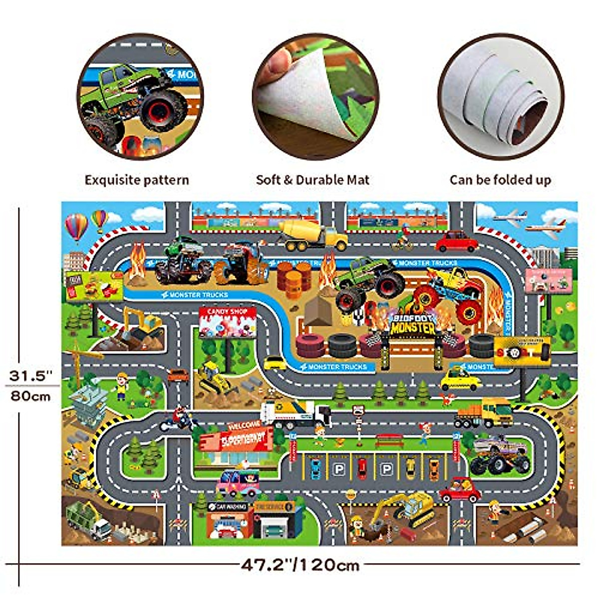 Oriate Monster Trucks Playset for Boys, Include 6 Pack Chaos Diecast Monster Toy Vehicle Truck w/ 47"x 31" Activity Play Mat, Kids Mini Car Set for Kids Gifts Style2