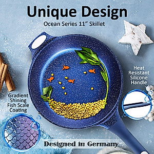 11" Nonstick Frying Pan with Lid - 11 Inch Nonstick Skillets with USA Blue Gradient Granite Derived Coating, Heat-resisted Silicon Handle, PFOA &PFOS Free, Induction Compatible, Ideal Christmas Gift